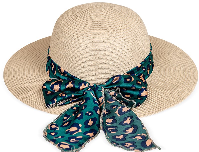 S468- LADIES WIDE BRIM HAT WITH LEOPARD PRINT SCARF BAND - SSP Hats